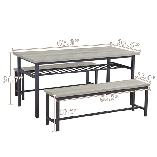 Rovibek 2 Benches Dining Table Set, Modern Space Saving Kitchen Desk, Wooden Industrial Style Farmhouse, 67", Grey