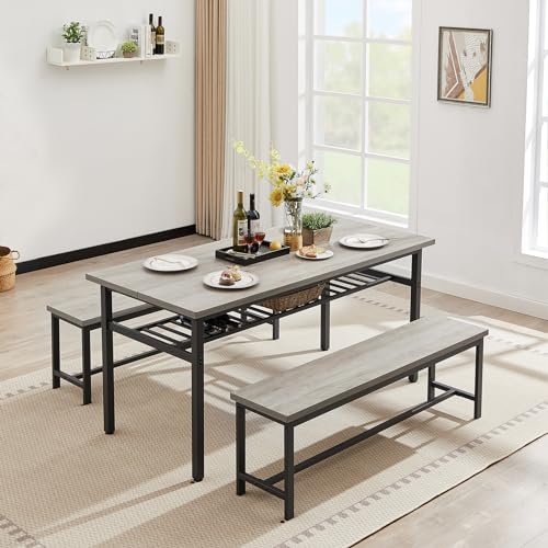 Rovibek 2 Benches Dining Table Set, Modern Space Saving Kitchen Desk, Wooden Industrial Style Farmhouse, 67", Grey