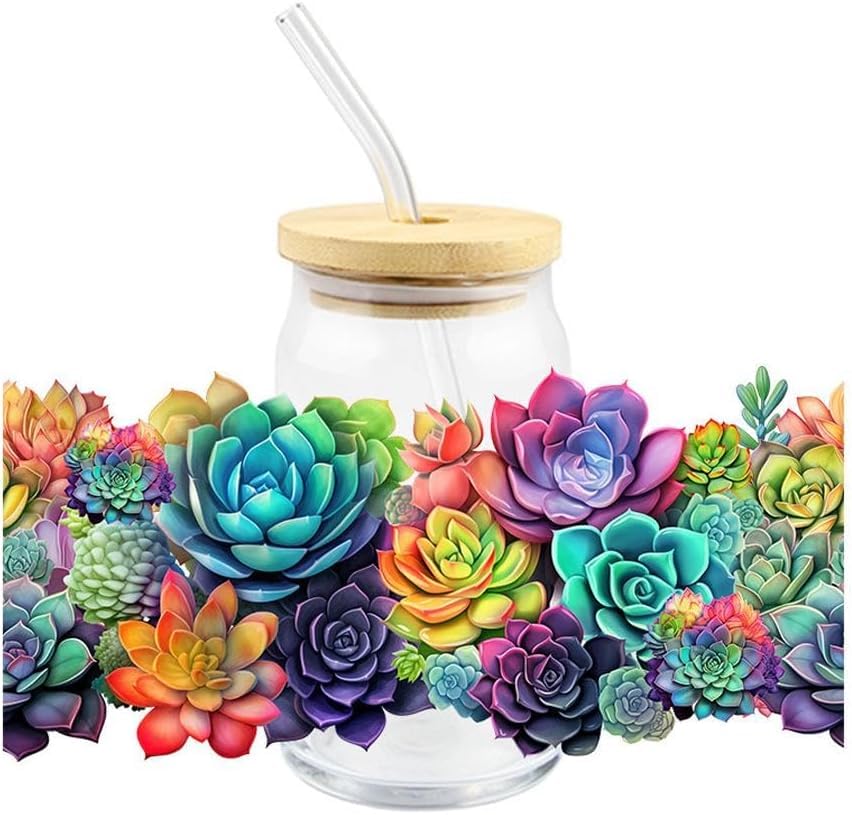Cololful Succulents Theme Rub on Transfers Decals,UV DTF Transfer Waterproof Sticker Iron-on Transfers for Glass Coffee Cups,Vintage Cups Wrap Transfer Stickers Decals