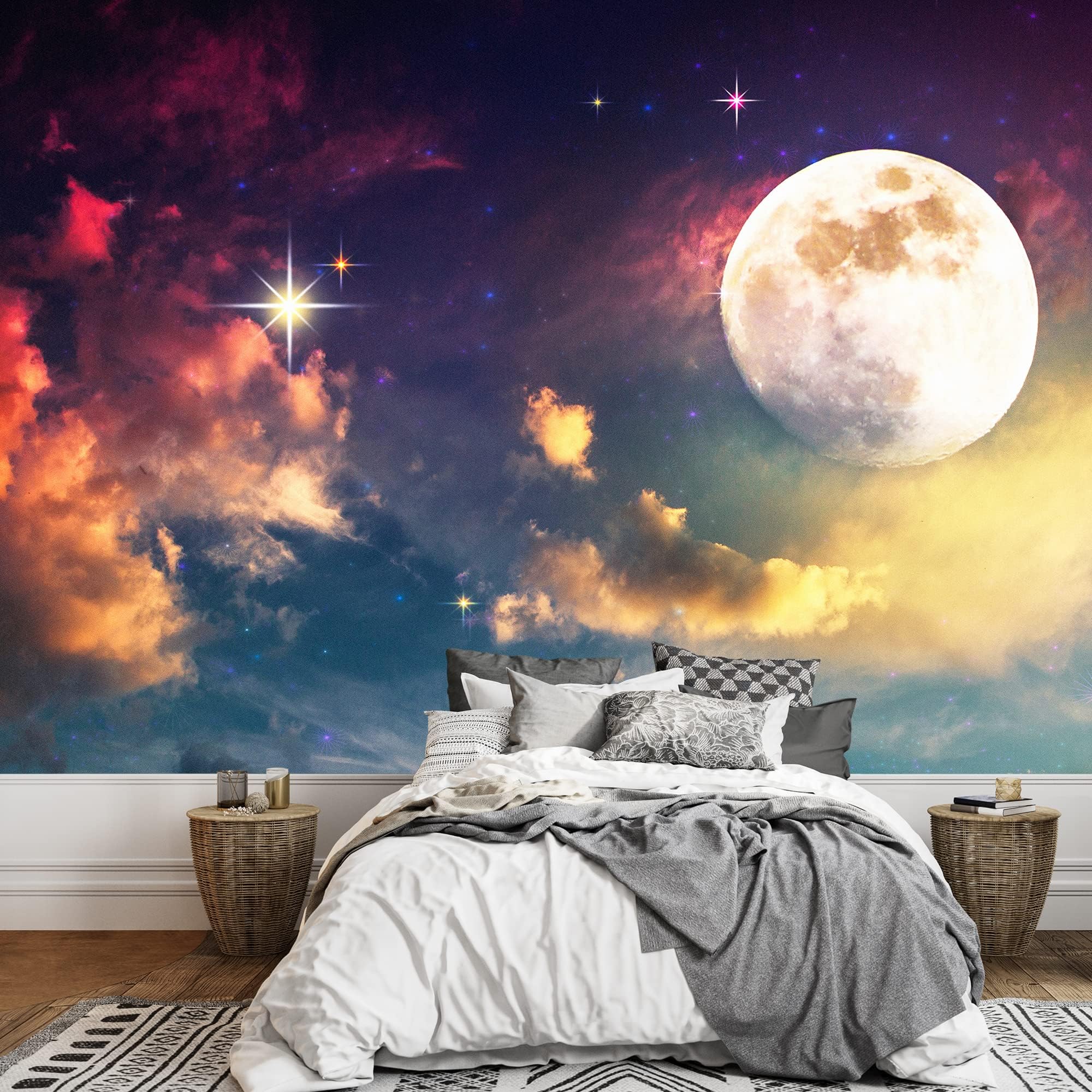 Colorful Cloud Moon Wallpaper Mural, Night Sky Stars Bedroom Large Wallpapers Living Room Peel and Stick, for Dining Room Home Decor Office,118"Wx83"H