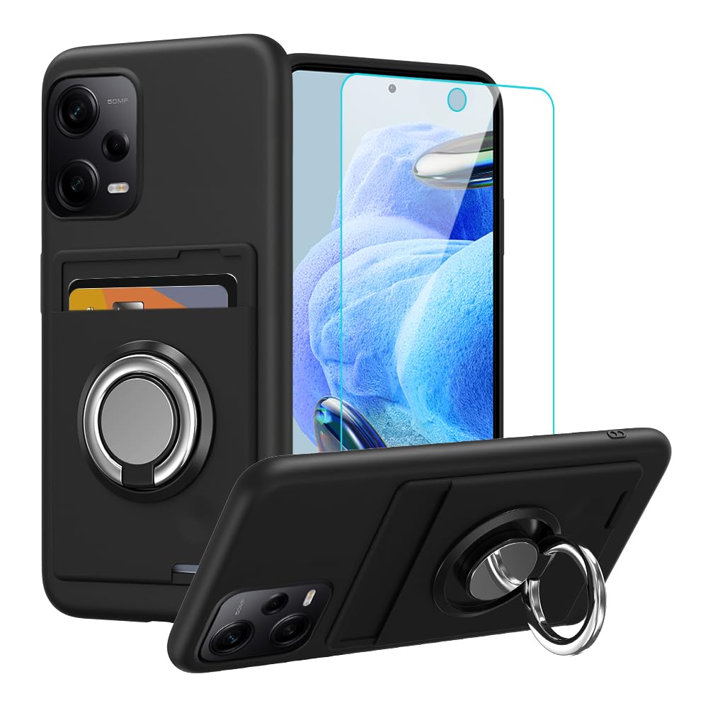 Kaotengwo for Redmi Note 12 Pro/Poco X5 Pro 5G Phone Case with Tempered Glass Screen Protector, Card Holder with Ring Stand case for Note 12 Pro/Poco X5 Pro Cover - Black