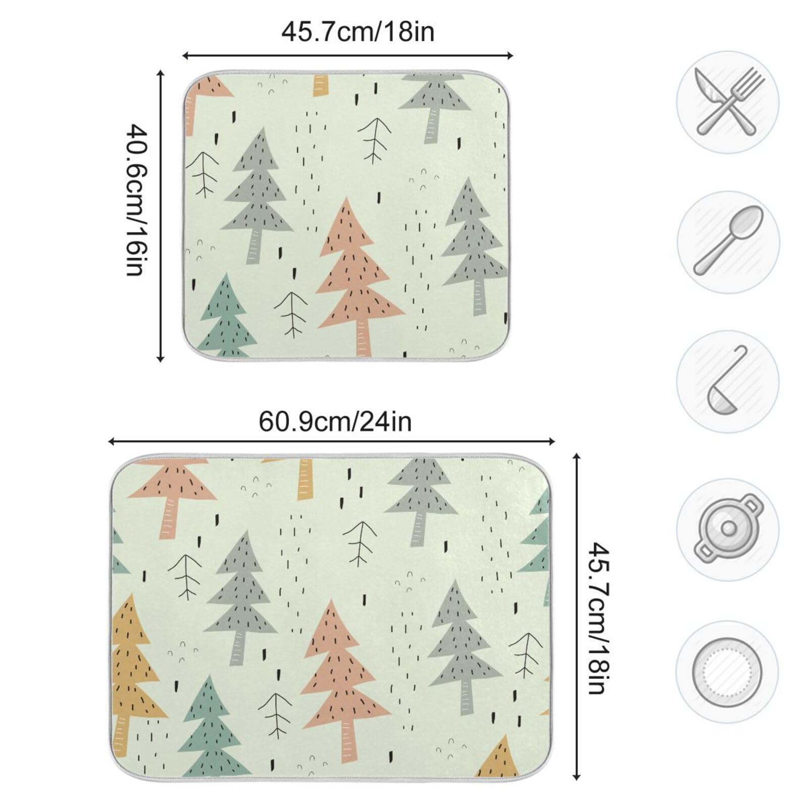 Red Yellow Christmas Cartoon Trees Memory Foam Dish Drying Mat Drying Mat For Kitchen Counter Drain Matt Dish Dryer Cloth 16 x 18 Inches