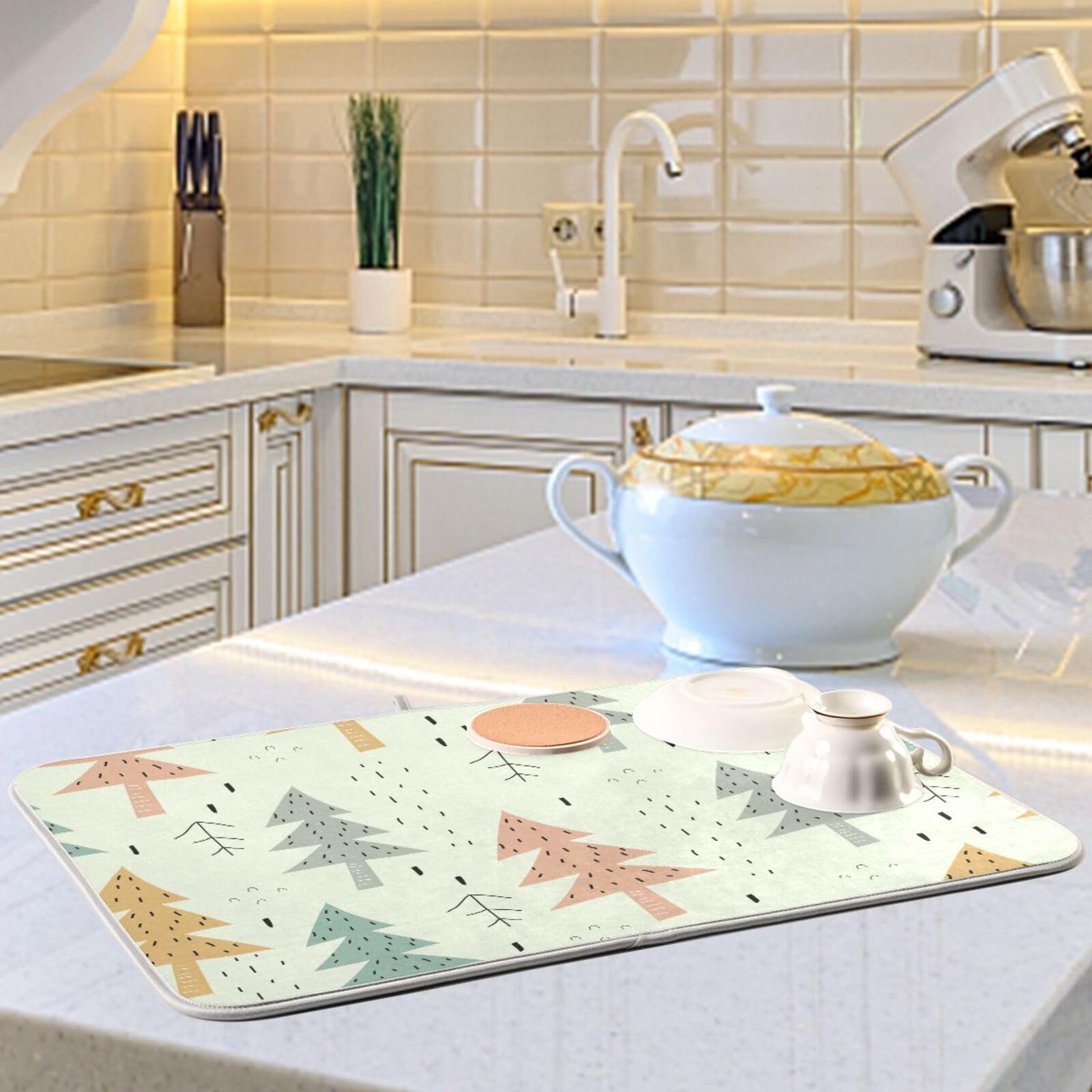 Red Yellow Christmas Cartoon Trees Memory Foam Dish Drying Mat Drying Mat For Kitchen Counter Drain Matt Dish Dryer Cloth 16 x 18 Inches