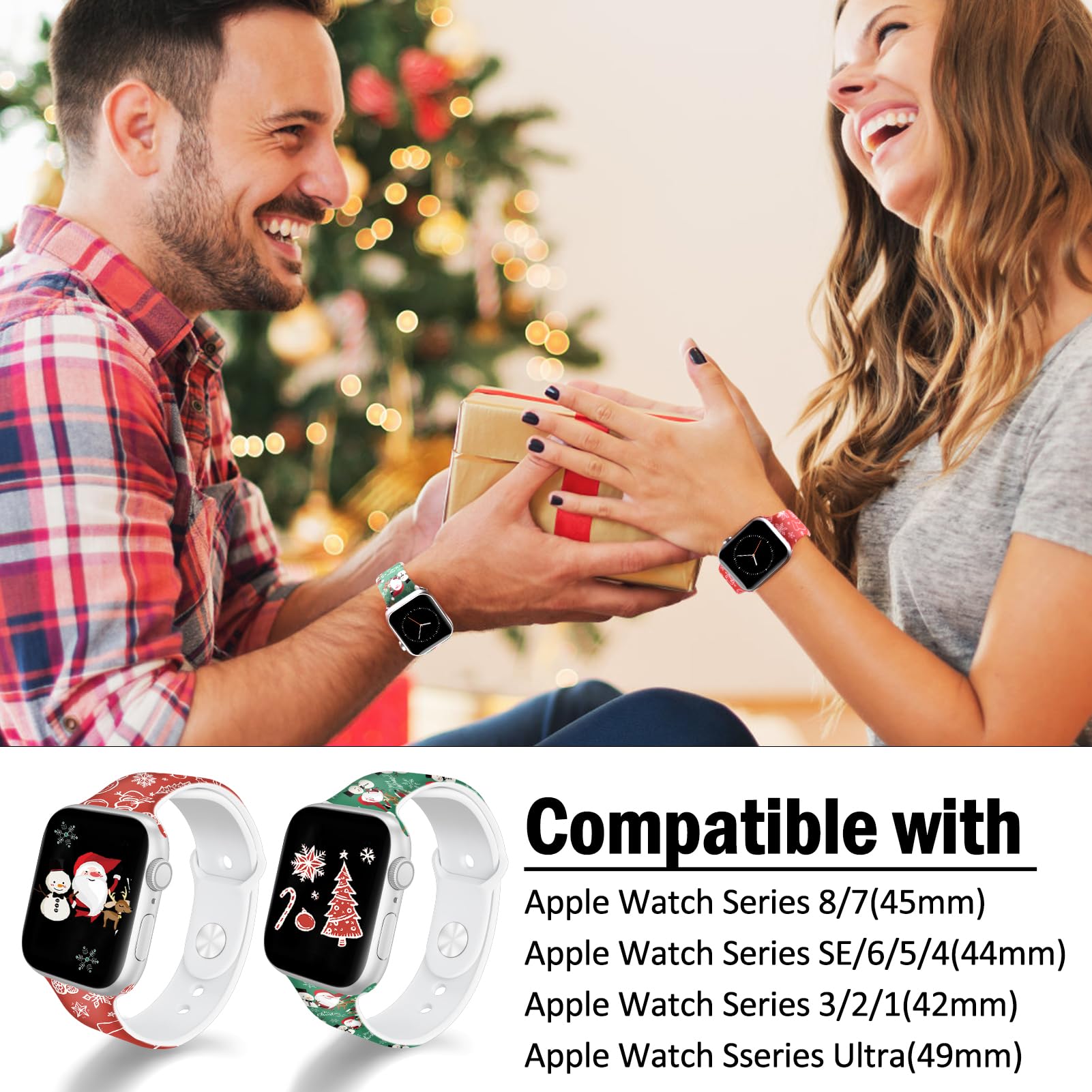 2 Pack Christmas Band Compatible with iWatch SE Series 10 9 8 7 6 5 4 3 2 1 Women Men Apple Watch Bands 46mm 45mm 44mm 42mm(Series 3), Xmas Holiday Adjustable Silicone Strap