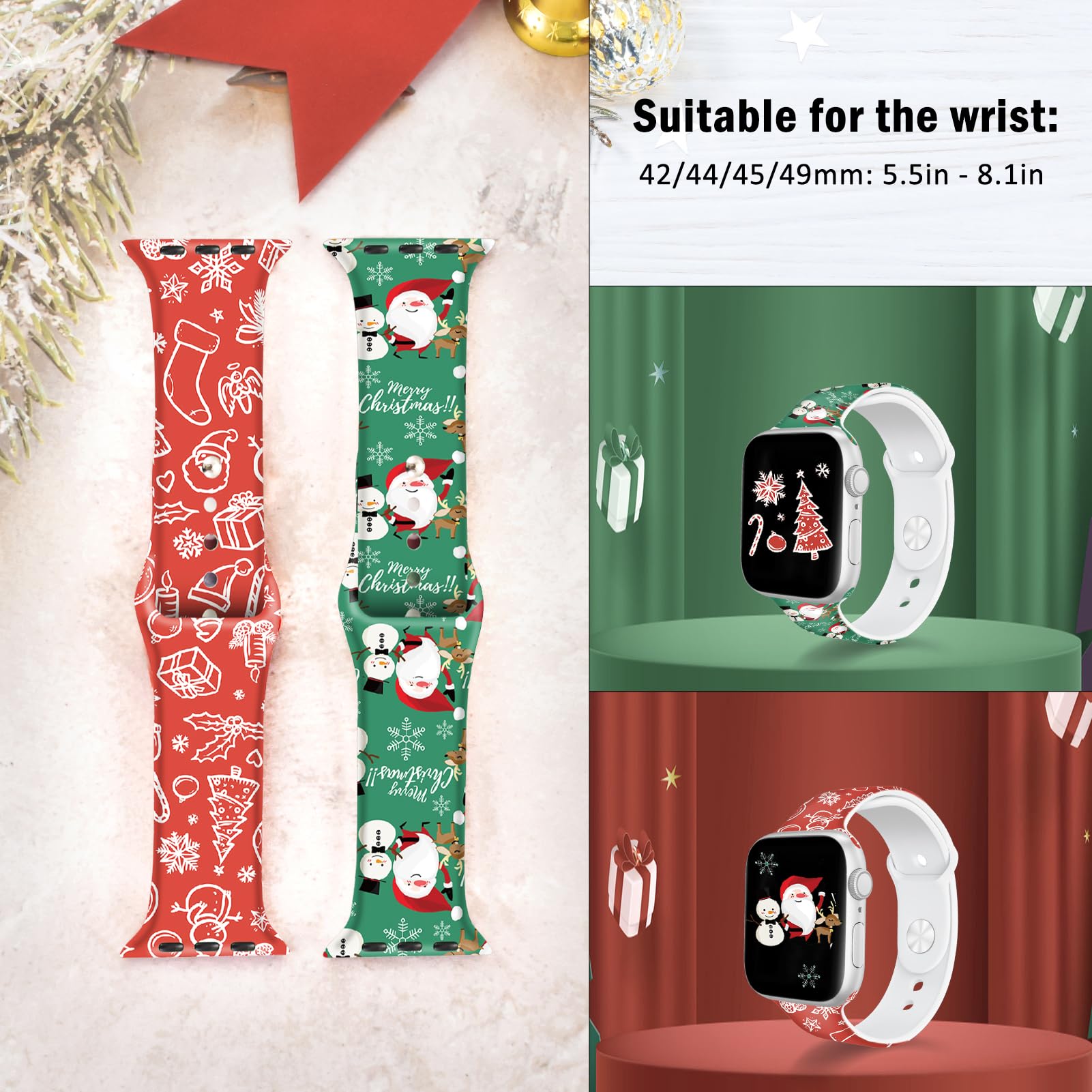 2 Pack Christmas Band Compatible with iWatch SE Series 10 9 8 7 6 5 4 3 2 1 Women Men Apple Watch Bands 46mm 45mm 44mm 42mm(Series 3), Xmas Holiday Adjustable Silicone Strap