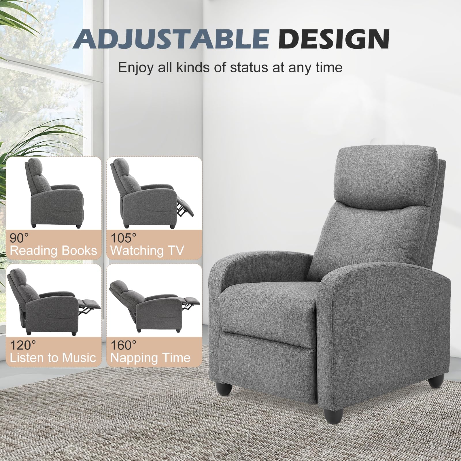 Recliner Chair for Adults, Massage Reclining Chair for Living Room, Adjustable Modern Recliners Chair, Home Theater Seating Single Sofa Recliner with Padded Seat Backrest(Grey)