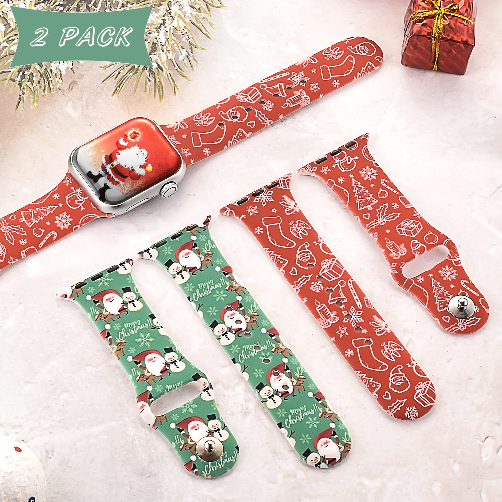 2 Pack Christmas Band Compatible with iWatch SE Series 10 9 8 7 6 5 4 3 2 1 Women Men Apple Watch Bands 46mm 45mm 44mm 42mm(Series 3), Xmas Holiday Adjustable Silicone Strap