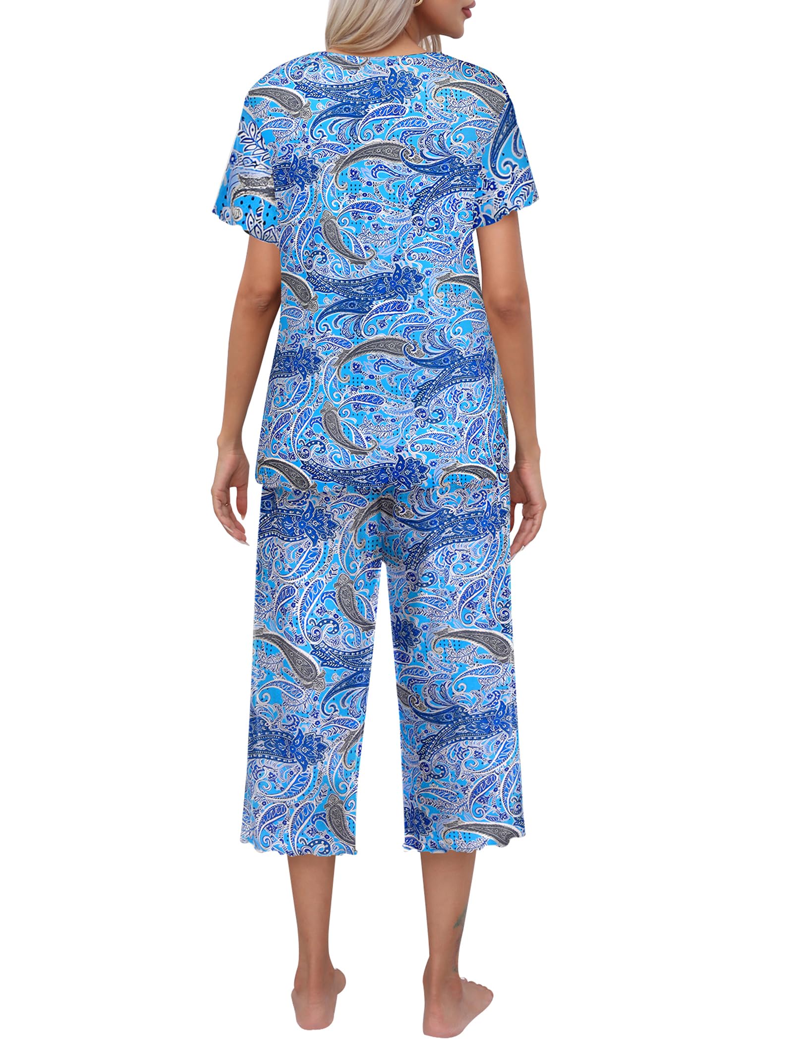 Ekouaer Women's Pajamas Set Short Sleeve Top With Capri Pants Pjs Lounge & Sleepwear SetCashew Navy BlueXX-Large