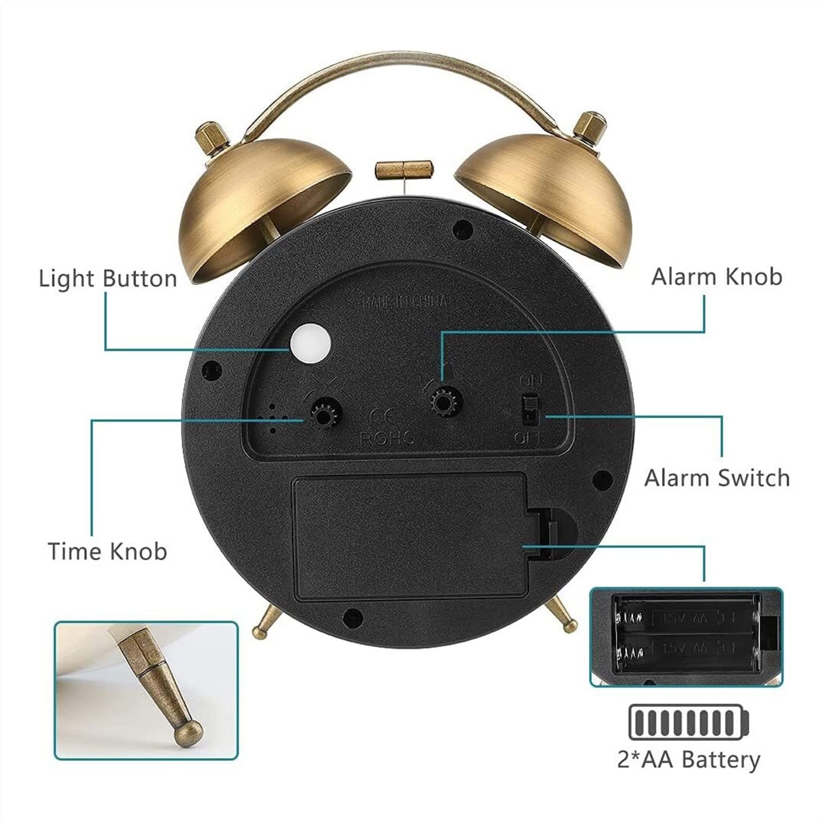 GRFIT Alarm Clock Twin Bell Alarm Clock Loud Alarm Clocks for Heavy Sleepers Non-Ticking Desktop Clock Home Decor Alarm Clock Clocks for Bedside