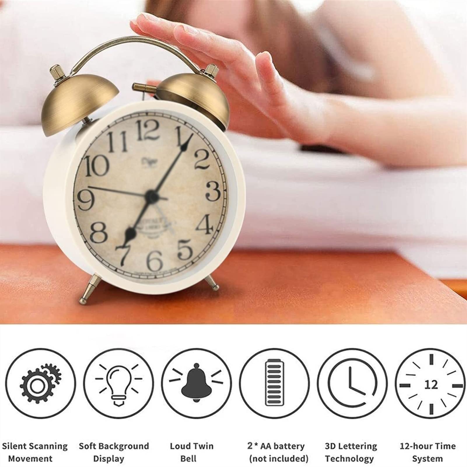 GRFIT Alarm Clock Twin Bell Alarm Clock Loud Alarm Clocks for Heavy Sleepers Non-Ticking Desktop Clock Home Decor Alarm Clock Clocks for Bedside