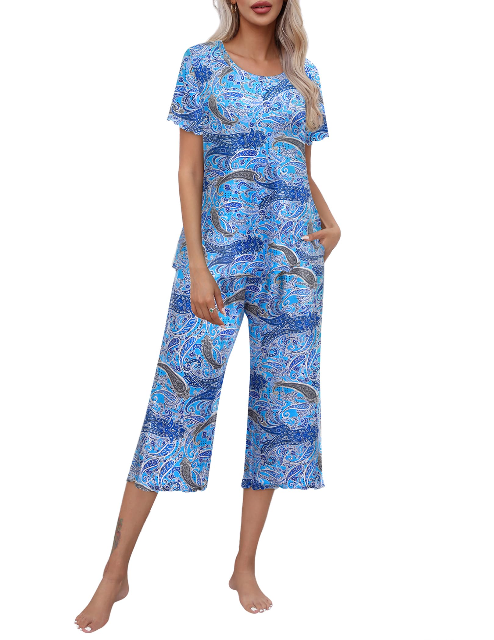 Ekouaer Women's Pajamas Set Short Sleeve Top With Capri Pants Pjs Lounge & Sleepwear SetCashew Navy BlueXX-Large