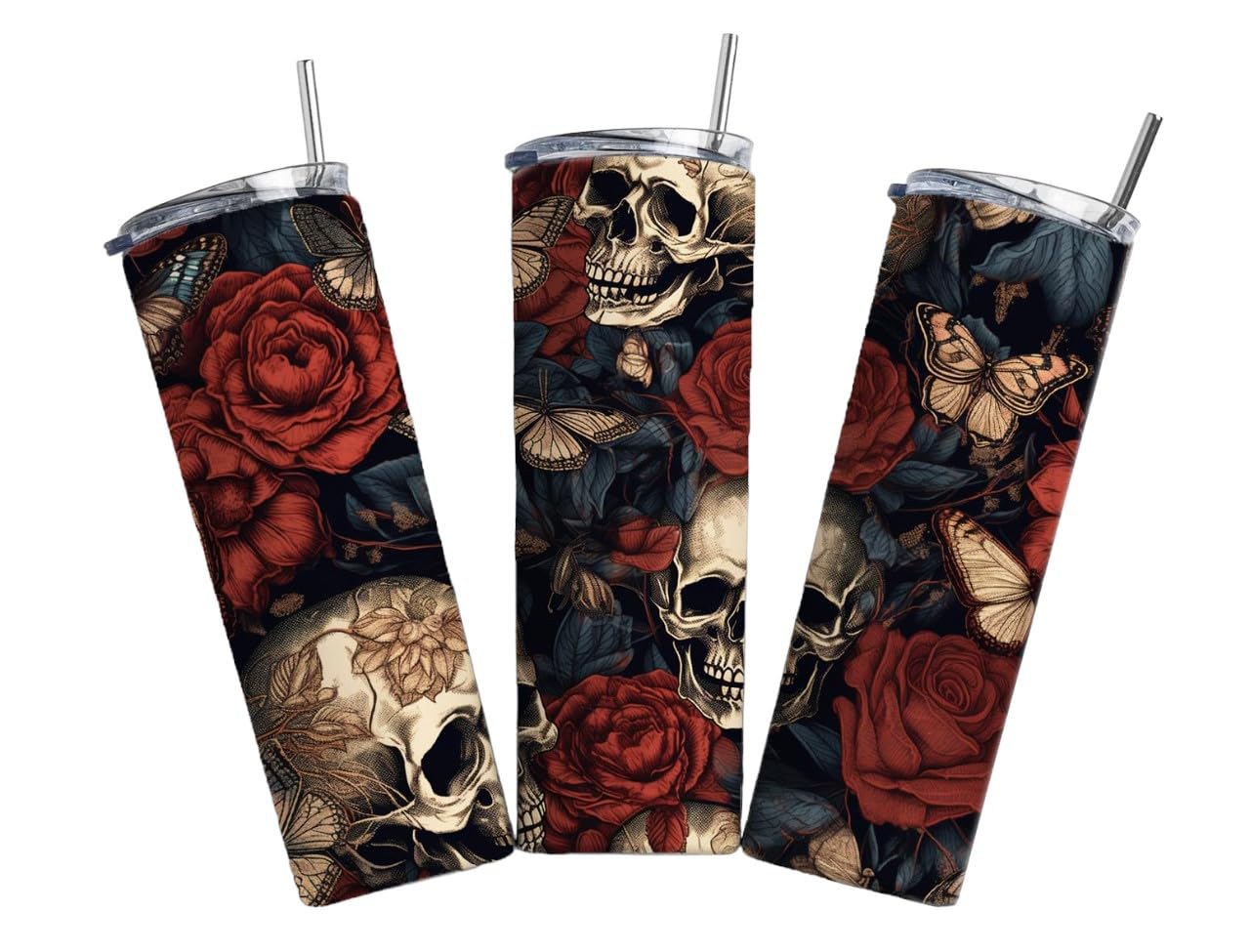 Skull Rose Butterfly Tumbler Sublimation Wrap - Ready to Press Sublimation Transfer - 20 oz Straight Tumbler Wrap, Roses, Skulls, Gothic