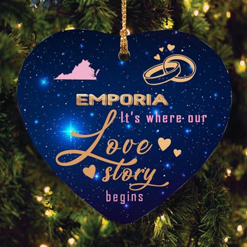Emporia Virginia Ornament - Emporia Virginia It's Where Our Love Story Begins - Gifts for Wedding Anniversaries and Love Days, Valentines Ornament Heart 3 Inch Plastic