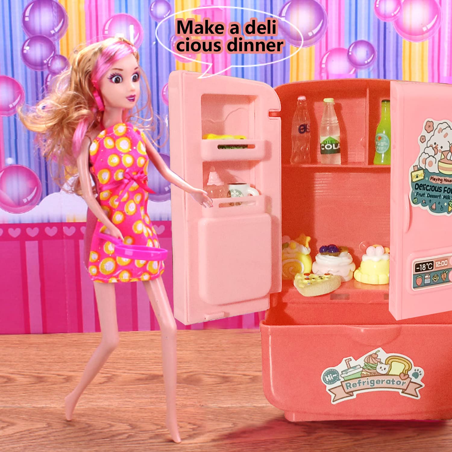 20 Pcs Dollhouse Refrigerator Miniature Food Drinks Bottles Dollhouse Accessories 1:12 Mini Fridge Toy with Mini Food Set Pretend Play Kitchen Furniture Mini Things Stuff Tiny Baking