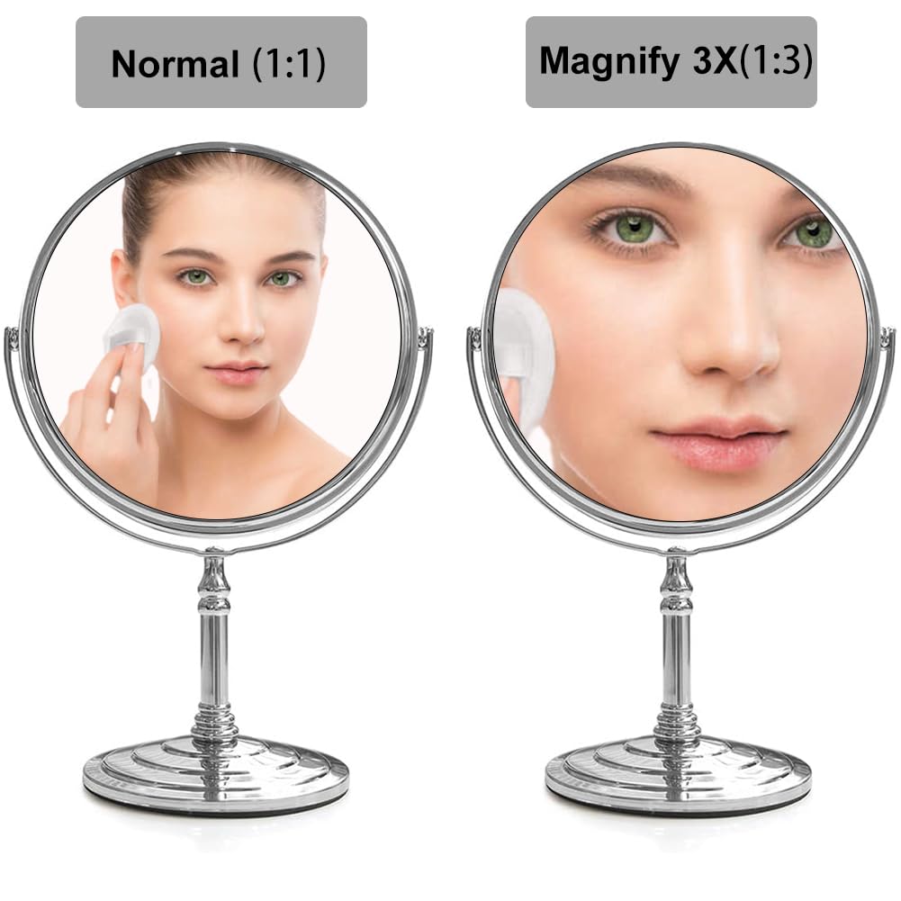 HAIPUTTER Double Sided 3X and 1X Magnifying Makeup Mirror with Stand, 6 in Silver Vanity Swivel Mirrors for Desk Table Standing
