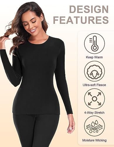 YADIFEN Thermal Underwear for Women Long Johns Sets Base Layer Fleece Lined Long Underwear Pajamas Winter Warm Top Bottom Black