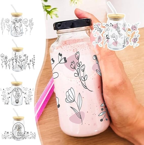 UV DTF Cup Wrap,Transfer Stickers for Glass Cups,Flowers Leaf Waterproof UV DTF Cup Wrap Rub on Transfers Stickers Decals,Clear Film Transfer Paper UV DTF Cup Wraps Transfer Sticker Iron-on Transfers