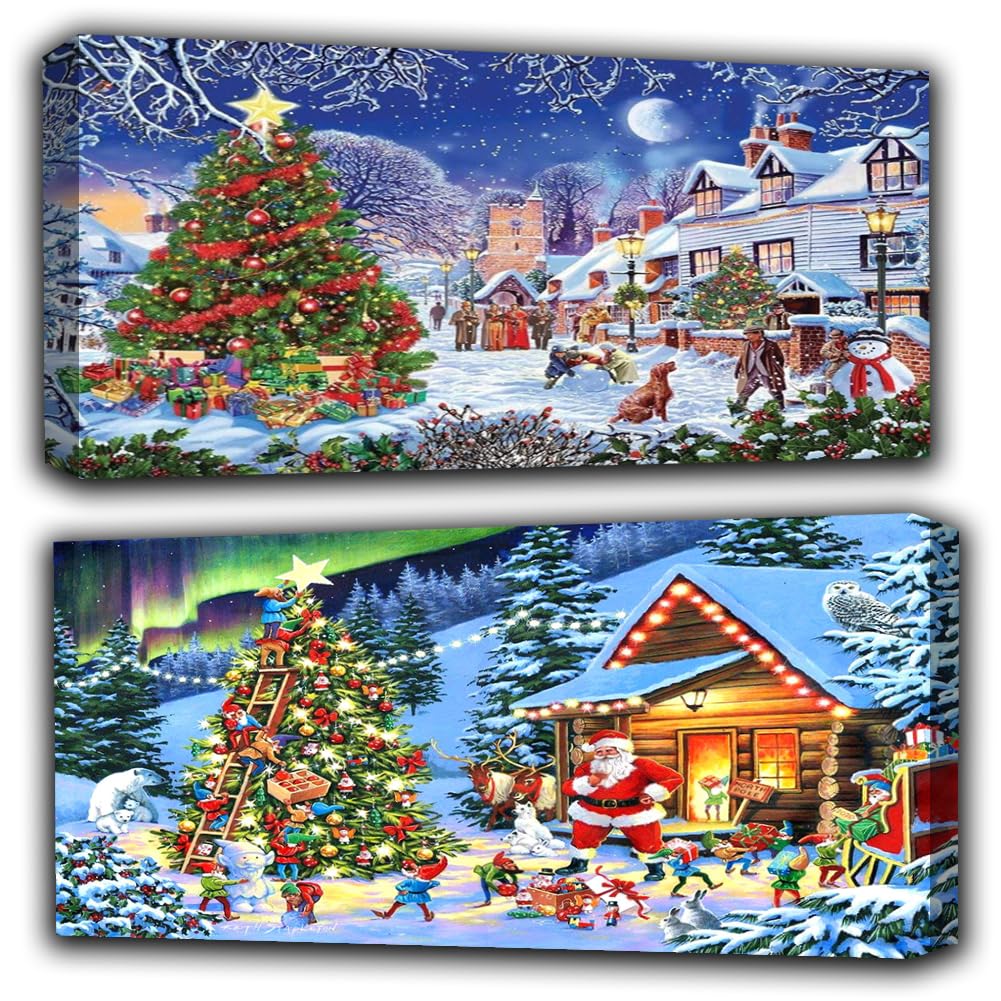 OFRKE 2 Pack 5D Diamond Art Painting,Large Christmas Diamond Painting Kits for Adults,DIY Full Drill Crystal Rhinestone Art and Craft,Gem Art Christmas Tree Painting with Diamond Home Wall(28X16inch)