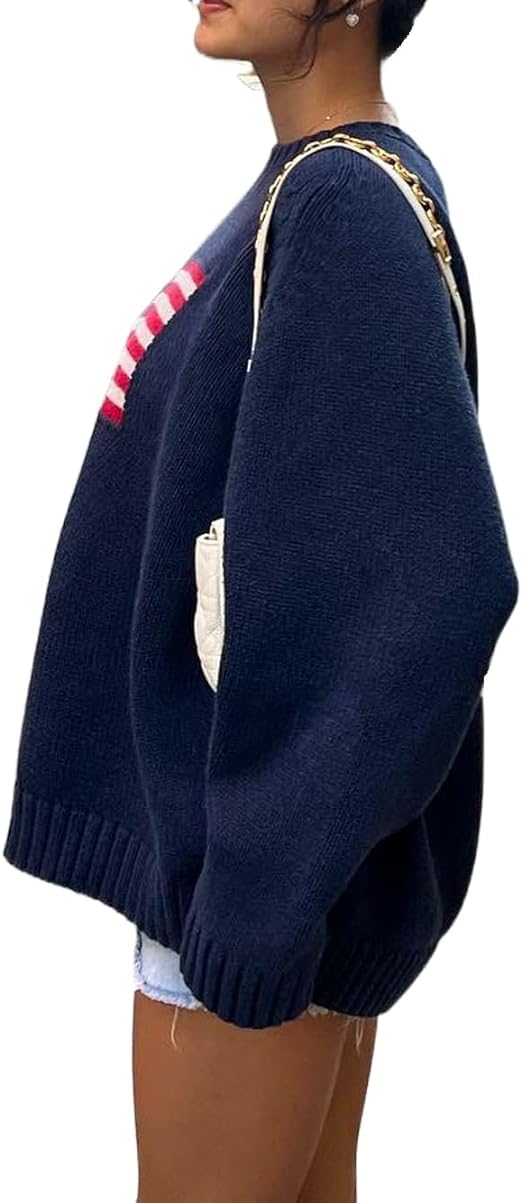 Y2k Vintage Sweater Long Sleeve Crew Neck Loose Knit Pullover American Flag Sweatshirt Preppy Striped Sweater