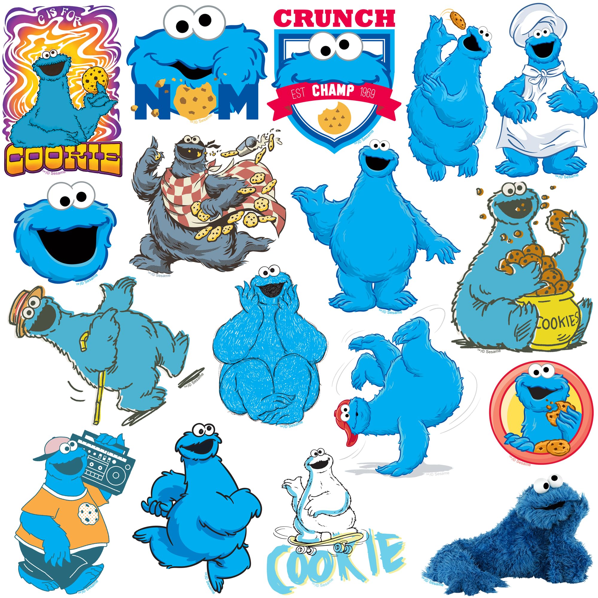 Sesame Street Cookie Monster 50ct Vinyl Large Deluxe Stickers Variety Pack - Laptop, Water Bottle, Scrapbooking, Tablet, Skateboard, Indoor/Outdoor