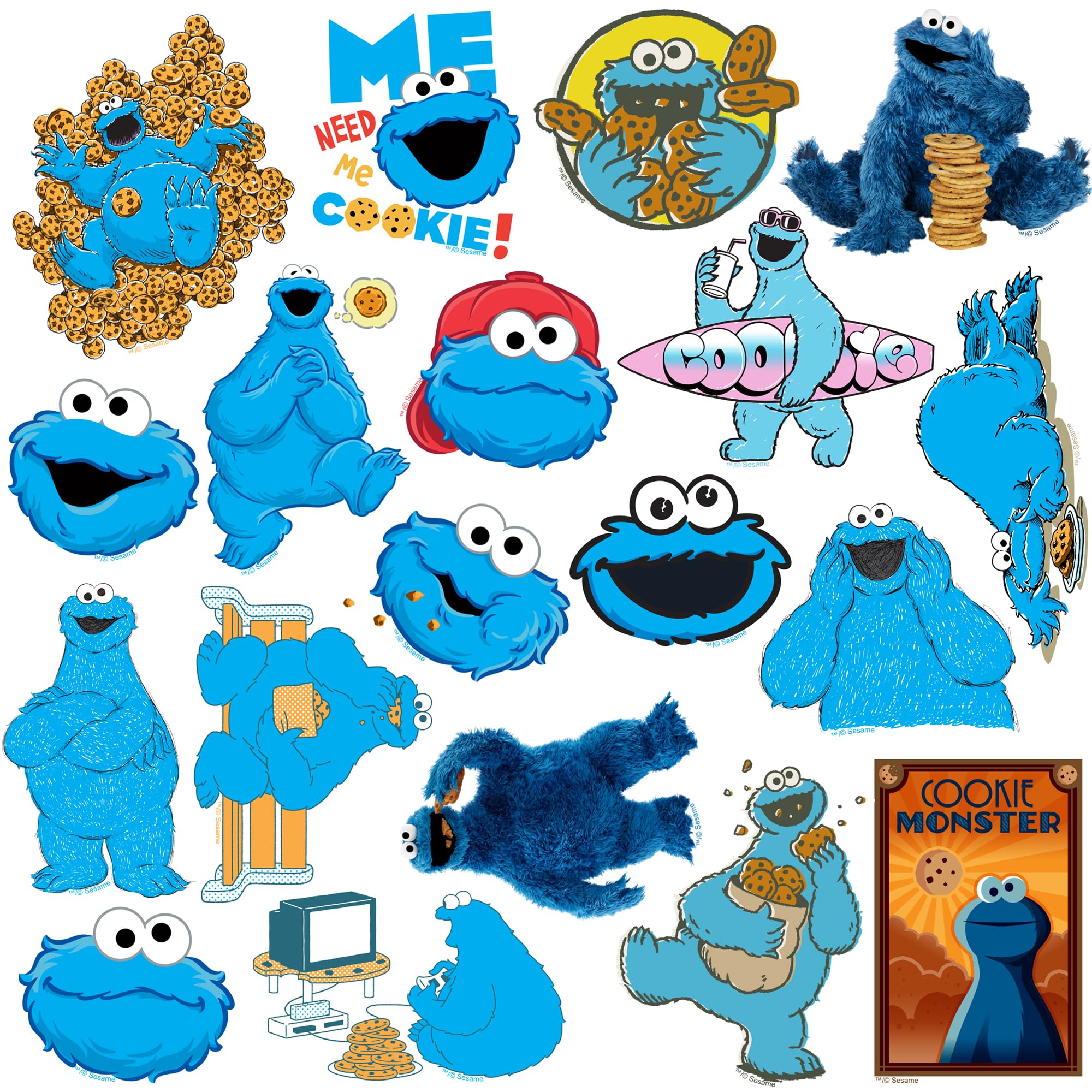 Sesame Street Cookie Monster 50ct Vinyl Large Deluxe Stickers Variety Pack - Laptop, Water Bottle, Scrapbooking, Tablet, Skateboard, Indoor/Outdoor
