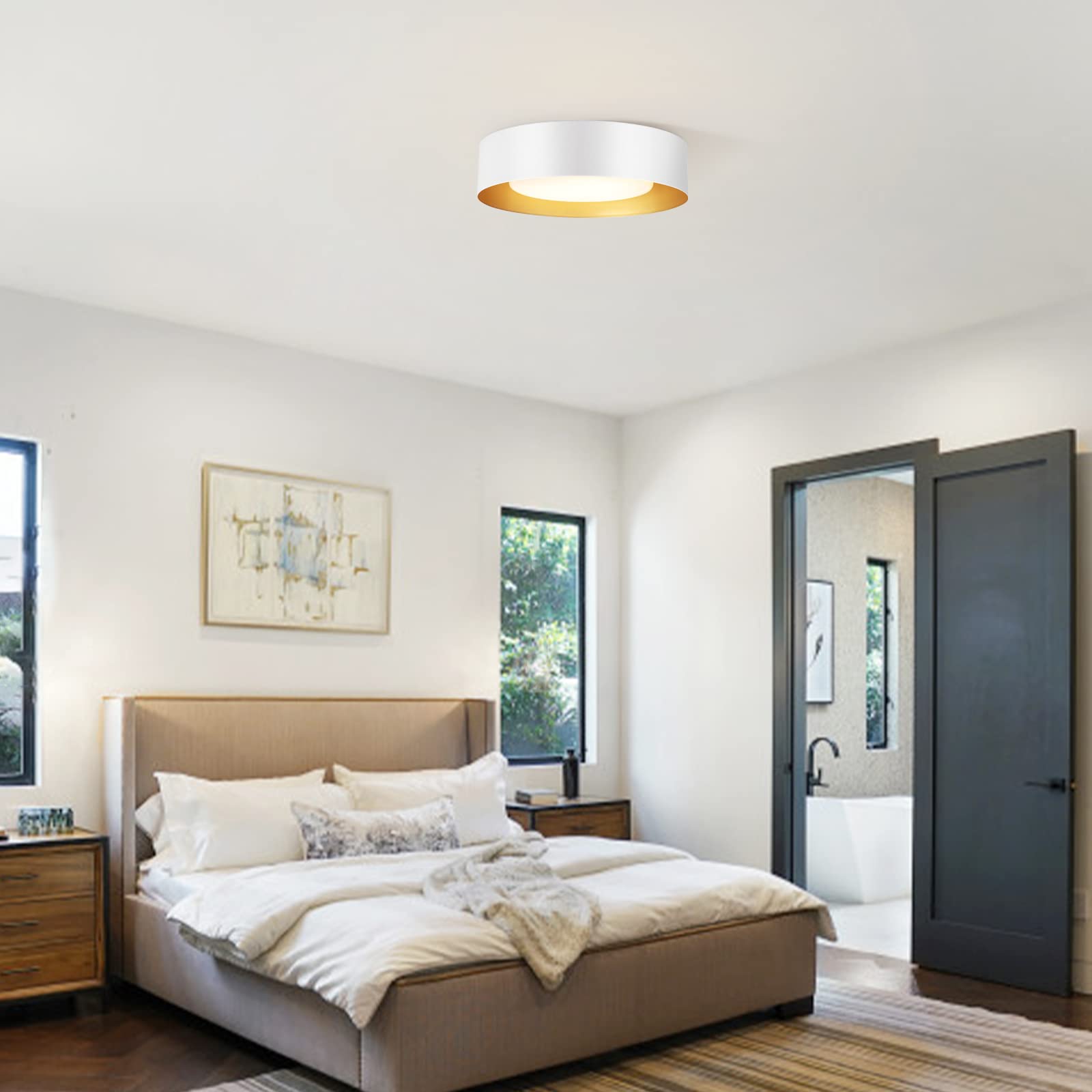 Yiisem Modern White and Gold Flush Mount Ceiling Lights, 16.5" Minimalist Glass Round Ceiling Lighting, Drum Close to Ceiling Light Fixtures for Living Room, Bedroom, Dining Room, Kitchen, Hallways