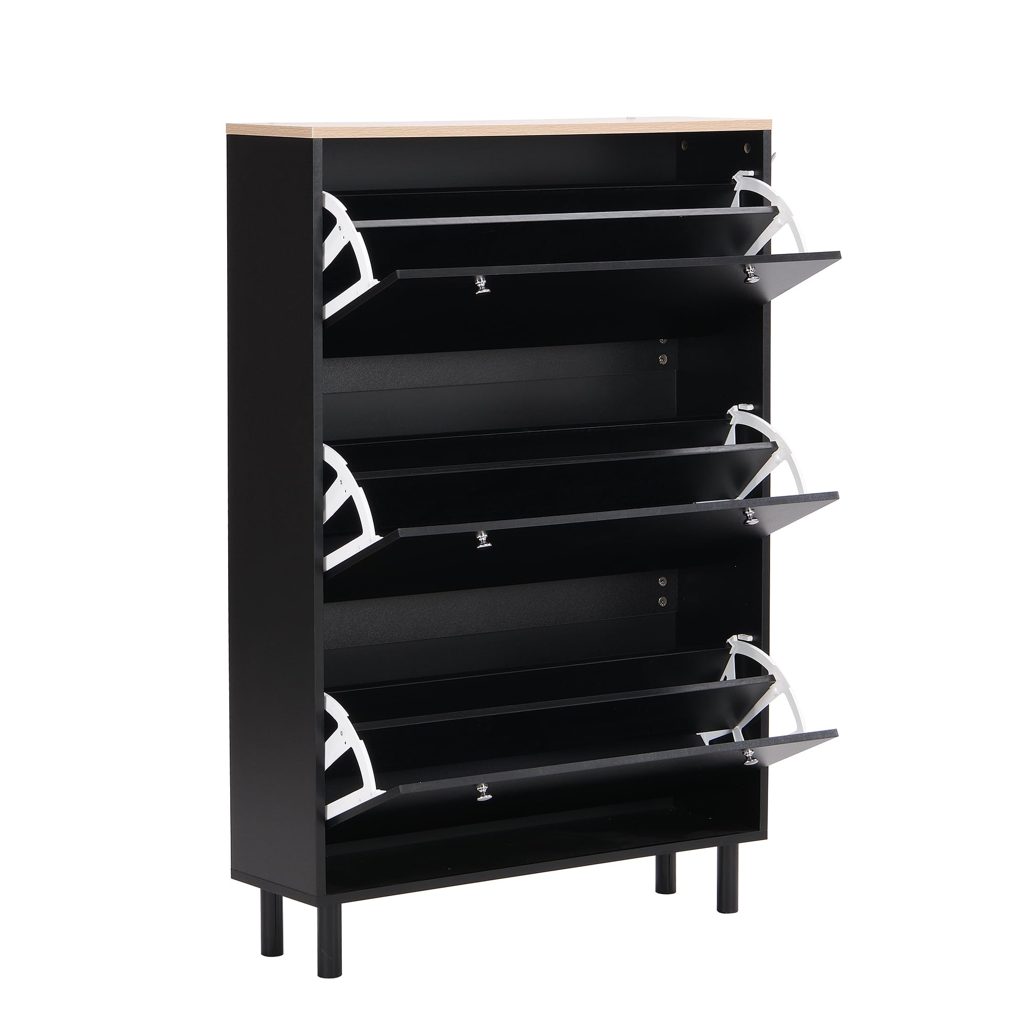 VENBER Narrow Design Shoe Cabinet with 3 Flip Drawers, Wood Grain Pattern Top Entryway Organizer with 3 Hooks, Free Standing Shoe Rack with Adjustable Panel for Hallway (Black)