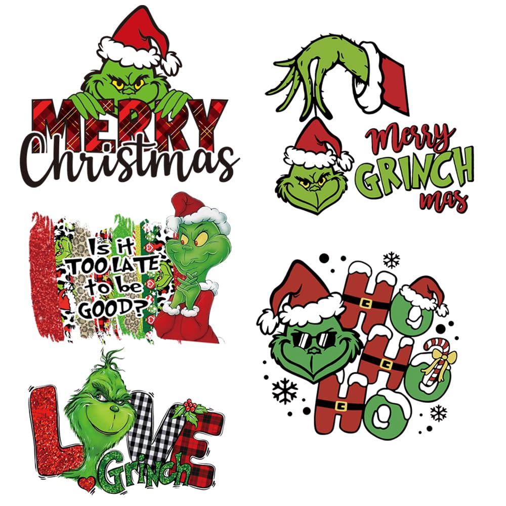 Christmas Iron on Transfer Stickers Funny Green Cartoon Pattern Iron on Patches Christmas Party Heat Transfer Vinyl Decals Winter Xmas Iron on Stickers for Clothes Pillow Hoodie Jacket Decor 5 Sheets