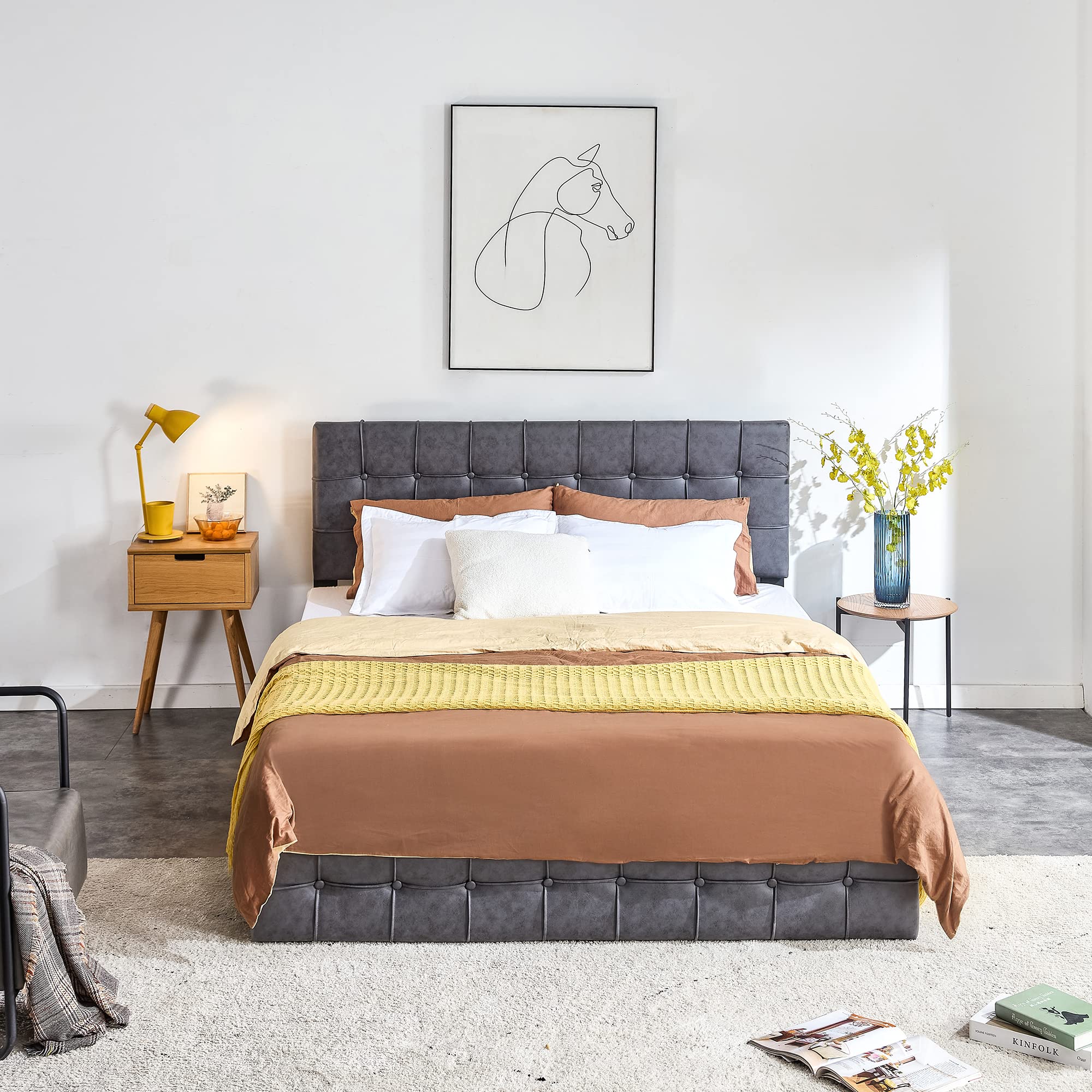 Yehha Queen Size Platform Bed Frame with Modern Upholstered Platform Bed with Adjustable Headboard, Wood Slat Support, Easy Assembly, No Box Spring Needed (Grey, Queen)