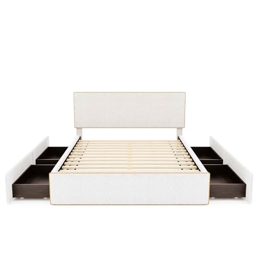 ATY Upholstered Queen Size Bed with 4 Drawers and Headboard, Wood Platform Bedfrme w/Footboard & Storage, Save Space for Bedroom, Livingroom, Guestroom, No Spring Needed Required, White