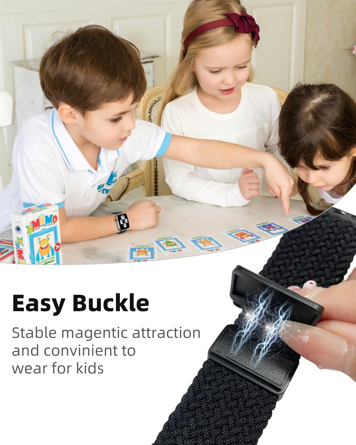 OWKEY Braided Solo Loop Compatible with Kids Apple Watch Band, Stretchy Breathable Strap with Easy Buckle for iWatch Series 9 8 7 6 5 4 3 SE SE2 Girls Boys Small Wrists
