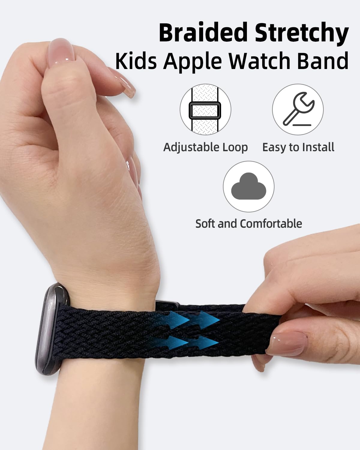 OWKEY Braided Solo Loop Compatible with Kids Apple Watch Band, Stretchy Breathable Strap with Easy Buckle for iWatch Series 9 8 7 6 5 4 3 SE SE2 Girls Boys Small Wrists