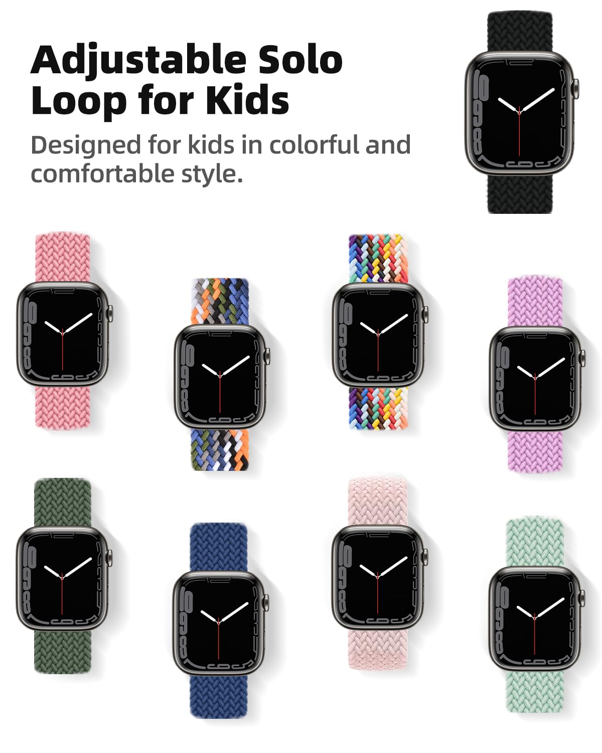 OWKEY Braided Solo Loop Compatible with Kids Apple Watch Band, Stretchy Breathable Strap with Easy Buckle for iWatch Series 9 8 7 6 5 4 3 SE SE2 Girls Boys Small Wrists