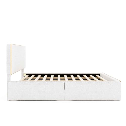ATY Upholstered Queen Size Bed with 4 Drawers and Headboard, Wood Platform Bedfrme w/Footboard & Storage, Save Space for Bedroom, Livingroom, Guestroom, No Spring Needed Required, White