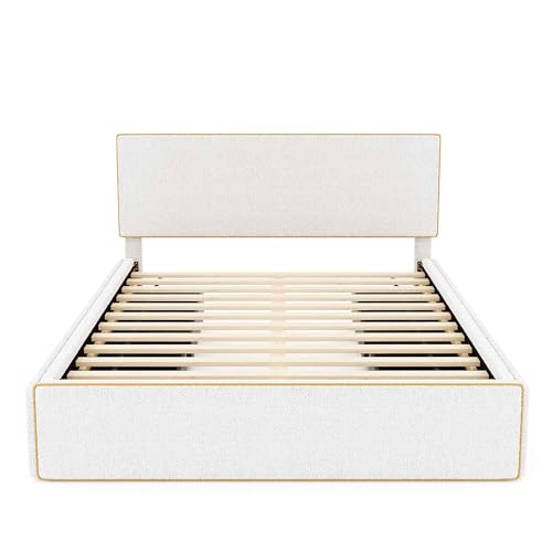 ATY Upholstered Queen Size Bed with 4 Drawers and Headboard, Wood Platform Bedfrme w/Footboard & Storage, Save Space for Bedroom, Livingroom, Guestroom, No Spring Needed Required, White
