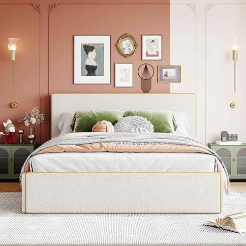 ATY Upholstered Queen Size Bed with 4 Drawers and Headboard, Wood Platform Bedfrme w/Footboard & Storage, Save Space for Bedroom, Livingroom, Guestroom, No Spring Needed Required, White