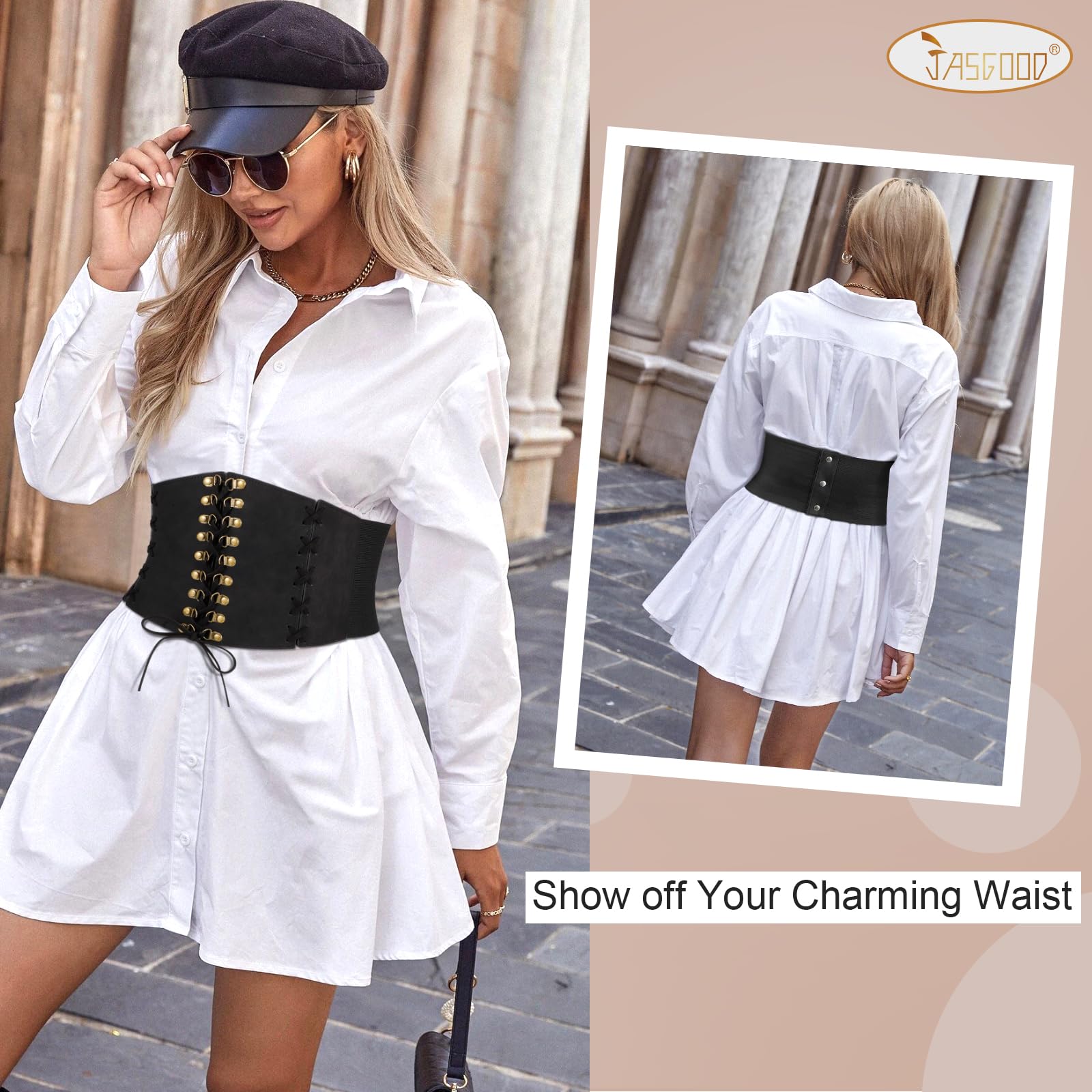 JASGOOD Women Wide Corset Belt Elastic Waist Belt Lace-up Tied Waspie Costume Belt