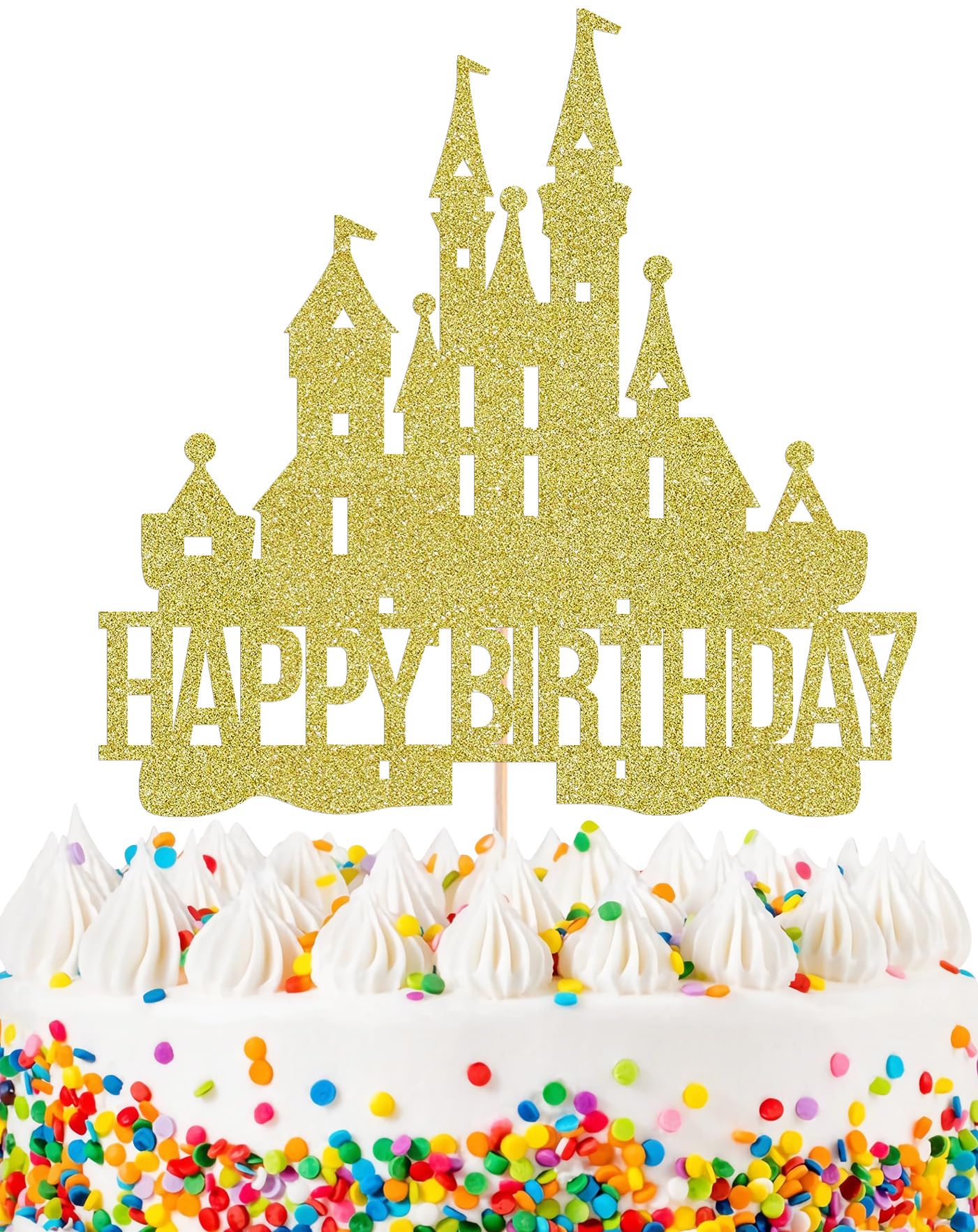 MYAMPED Castle Birthday Cake Topper - Double-Sided Gold Glitter Castle Themed Birthday Cake Decoration Supplies - Princess/Prince Birthday Cake Bunting Decor, Photo Booth Props