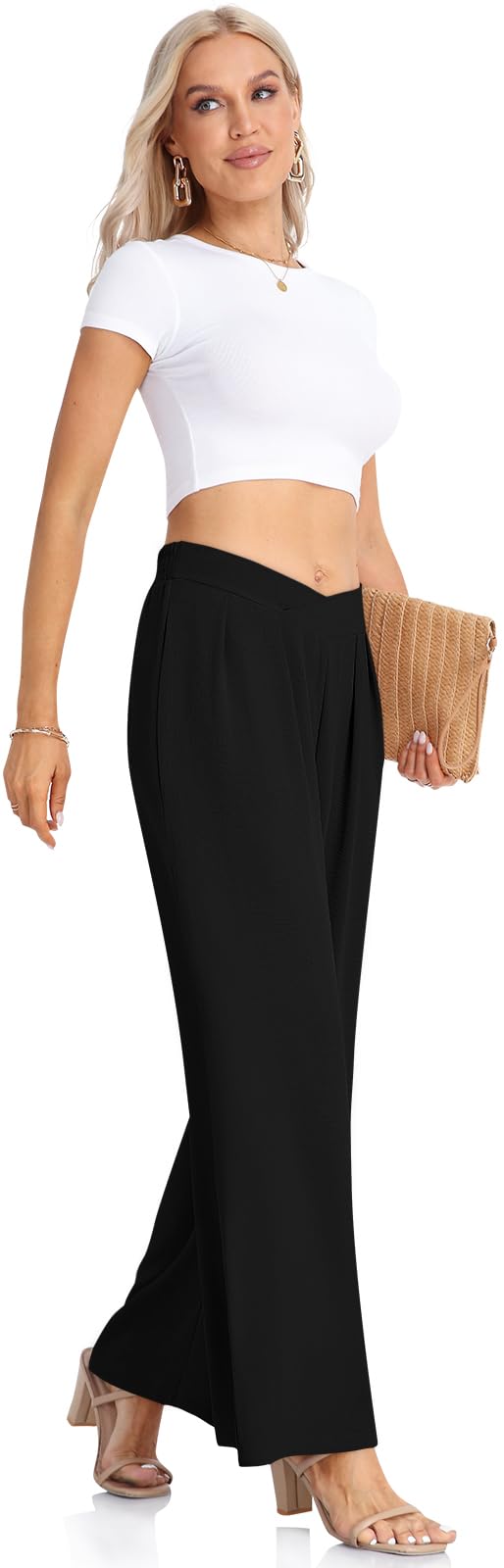 UEU Women's Wide Leg Lounge Pants with Pockets Lightweight Crossover Elastic High Waisted Loose Trousers (Black, L)