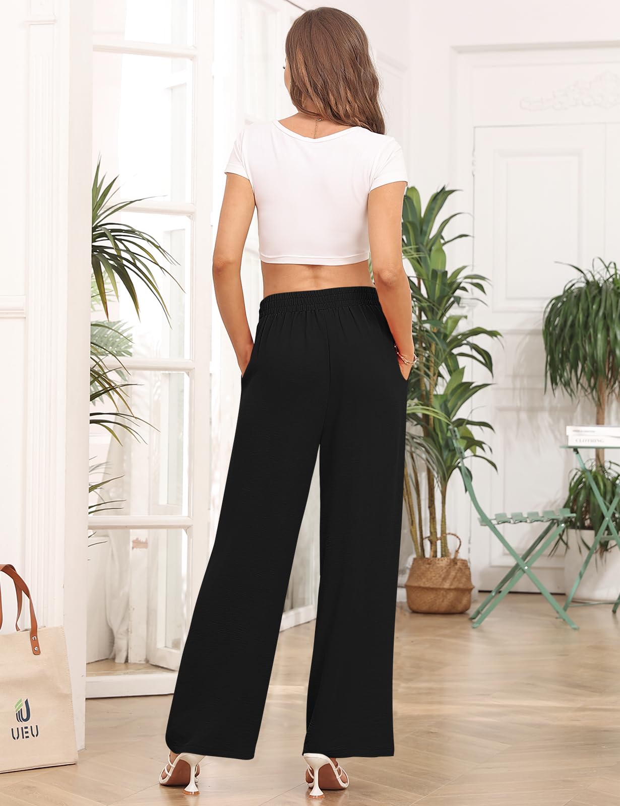 UEU Women's Wide Leg Lounge Pants with Pockets Lightweight Crossover Elastic High Waisted Loose Trousers (Black, L)