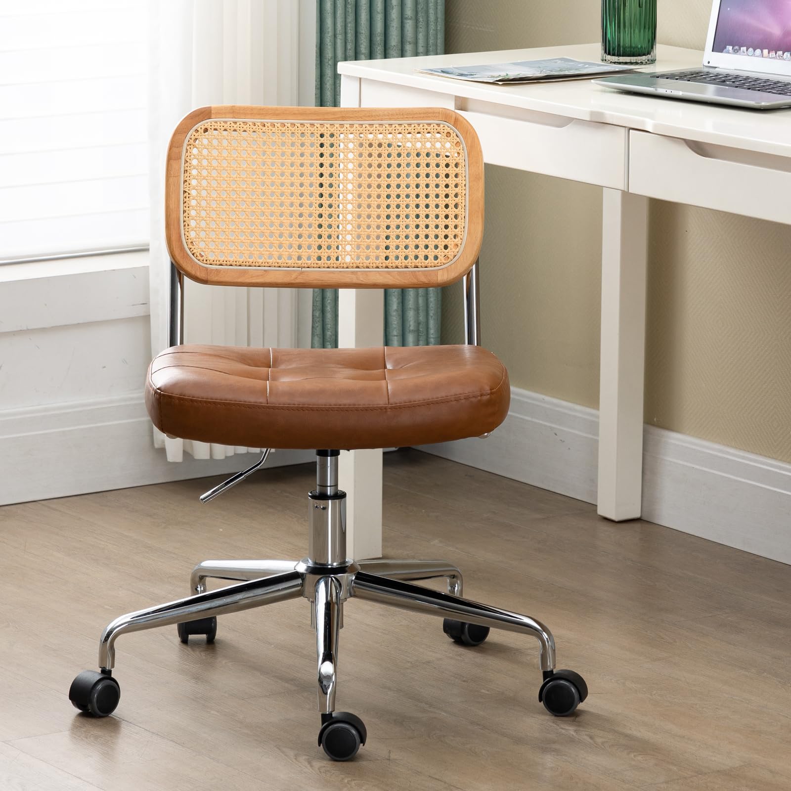 Newnno Armless Home Office Chair with Wheels, Modern Leather Desk Chair with Rattan Back for Office Study, Adjustable Upholstered Tufted Swivel Computer Task Chair, Brown