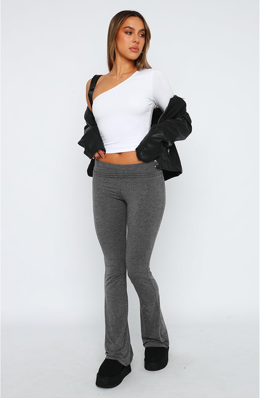 Goafuliy Grey Flare Leggings for Women, Fold Over Yoga Pants Bell Bottom Soft Y2k Joggers Lounge Bootcut Pant M