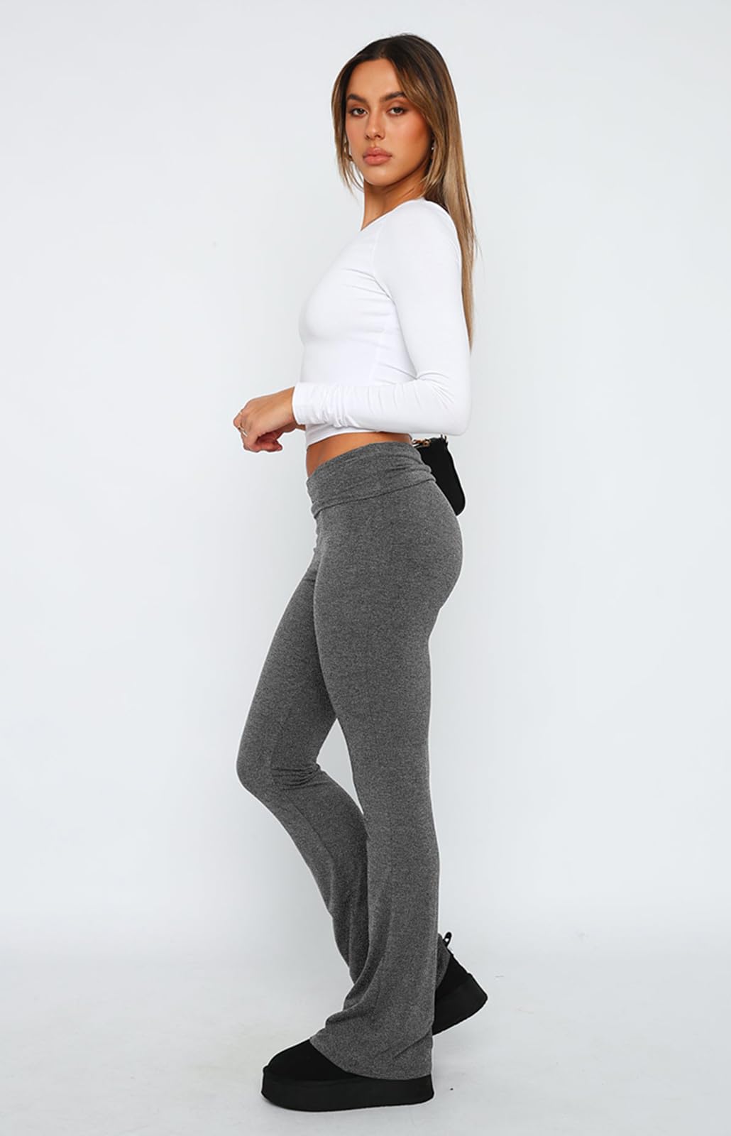Goafuliy Grey Flare Leggings for Women, Fold Over Yoga Pants Bell Bottom Soft Y2k Joggers Lounge Bootcut Pant M