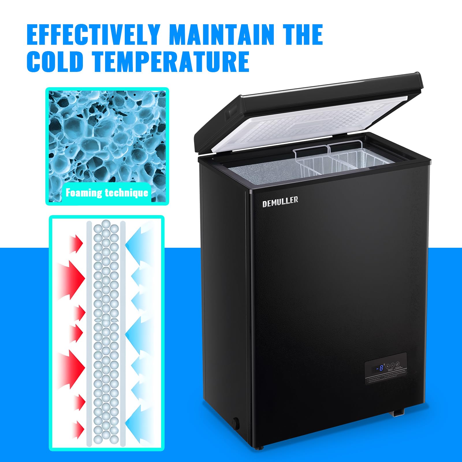 Chest Freezer 3.5 CU.FT DEMULLER Compact Deep Freezing Machine with Electronic Temperature Control (Accurate to 1 ℉) Freestanding Small Fridge Freezer with 2 Removable Storage Baskets Black