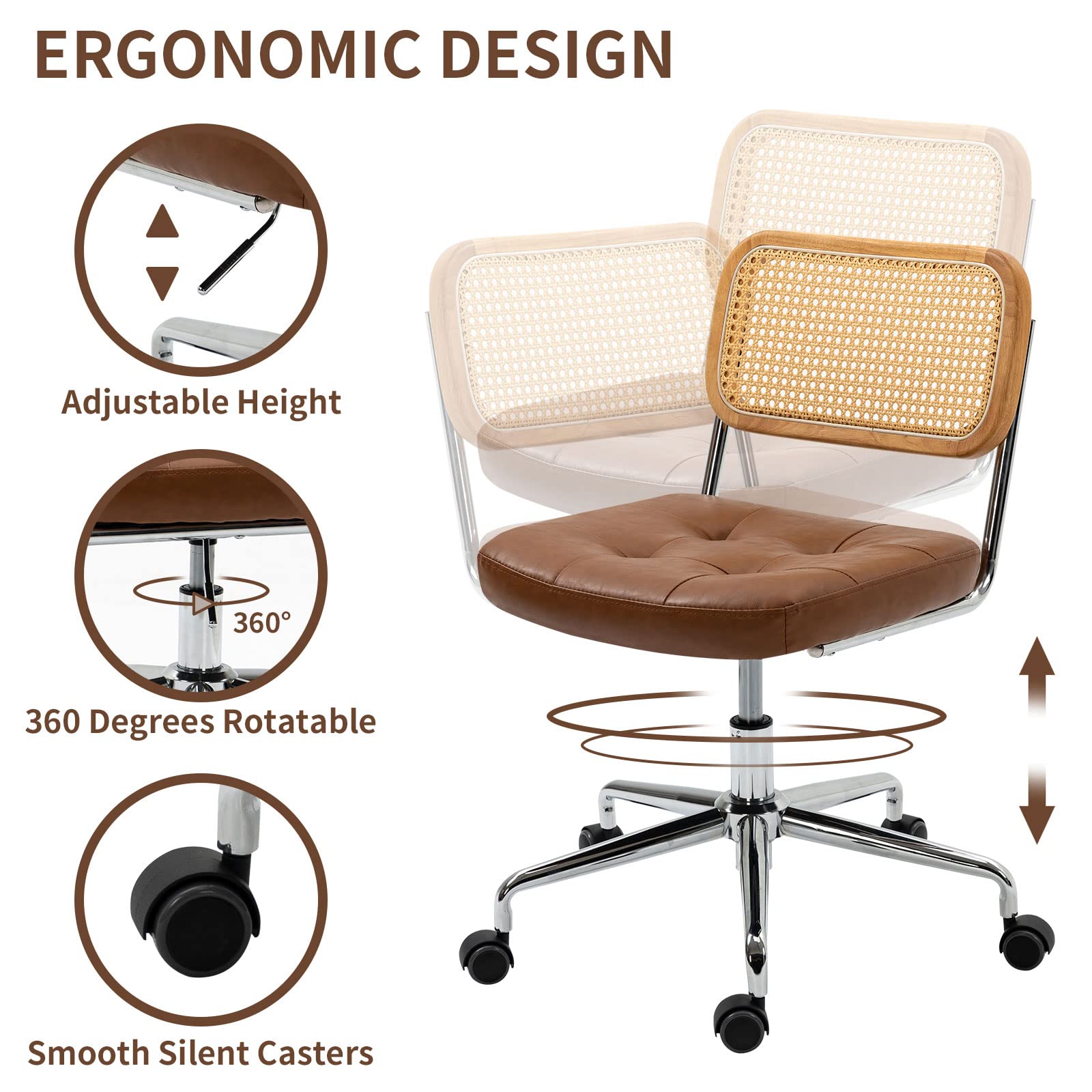 Newnno Armless Home Office Chair with Wheels, Modern Leather Desk Chair with Rattan Back for Office Study, Adjustable Upholstered Tufted Swivel Computer Task Chair, Brown