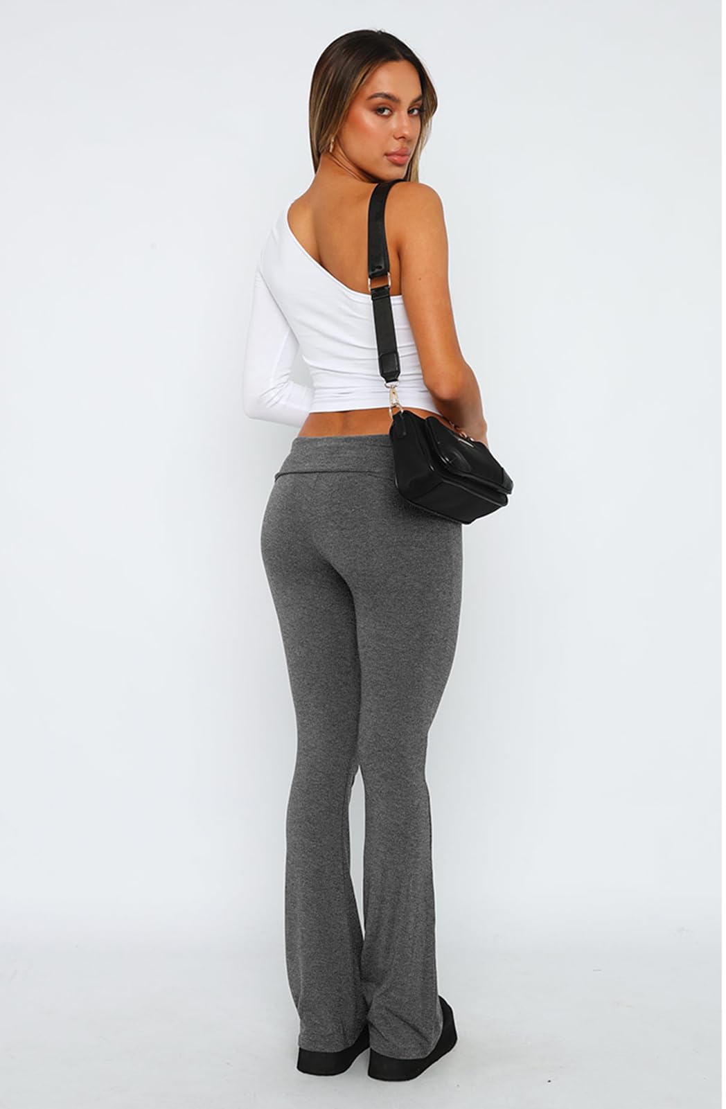 Goafuliy Grey Flare Leggings for Women, Fold Over Yoga Pants Bell Bottom Soft Y2k Joggers Lounge Bootcut Pant M