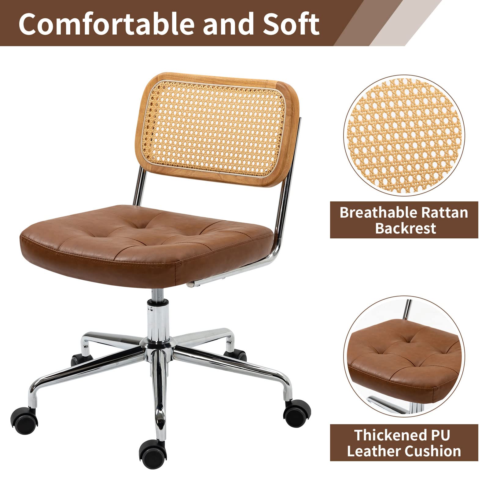 Newnno Armless Home Office Chair with Wheels, Modern Leather Desk Chair with Rattan Back for Office Study, Adjustable Upholstered Tufted Swivel Computer Task Chair, Brown