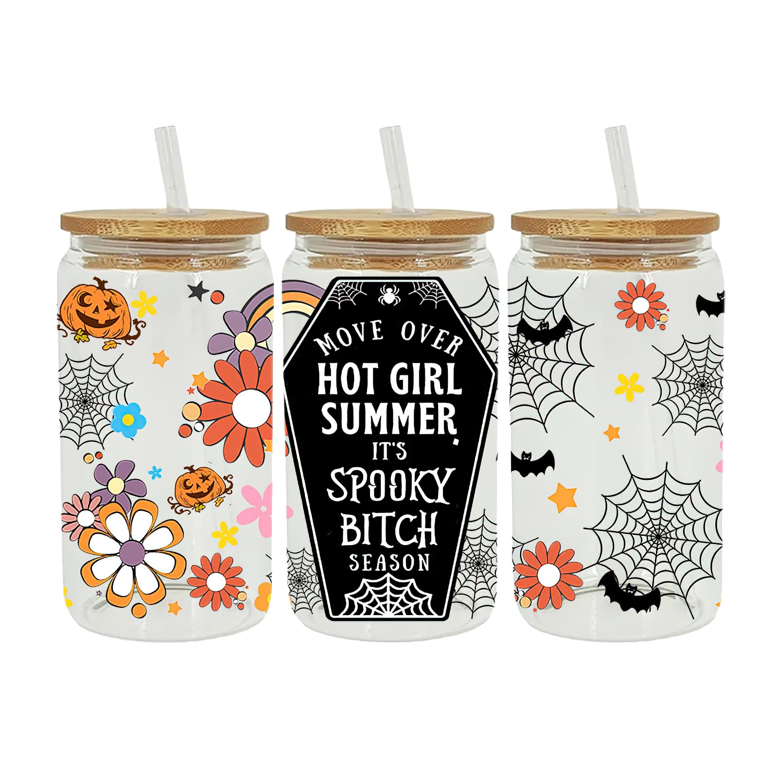 3D UV DTF Cup Wrap Transfer Stickers Halloween Pumpkin Ghost Waterproof Rub on Transfers for 16OZ Libbey Glass Cups (Pack of 6)