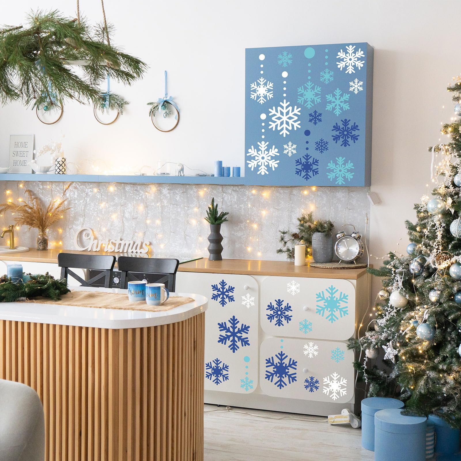 Whaline 4 Sheets Snowflake Rub on Transfers 16 x 12 Inch Winter Christmas Snowflake Transfer Stickers Xmas Blue White Furniture Decals for Crafts Wood Fabric Journal Envelope Scrapbook