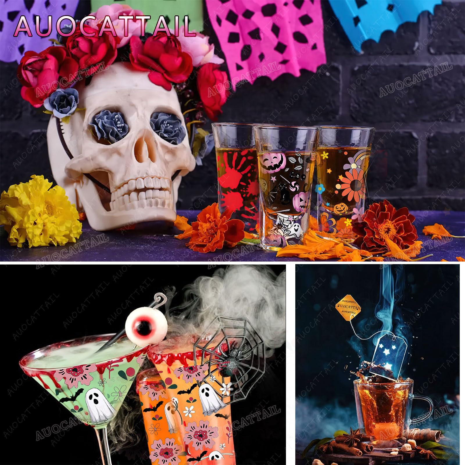 3D UV DTF Cup Wrap Transfer Stickers Halloween Pumpkin Ghost Waterproof Rub on Transfers for 16OZ Libbey Glass Cups (Pack of 6)